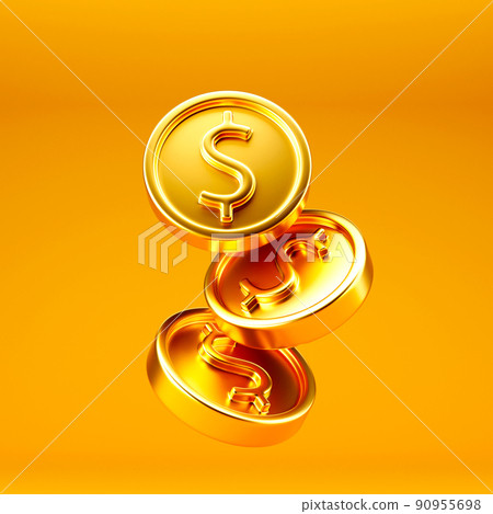 Floating golden dollar coins on bright yellow... - Stock Illustration ...