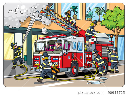 Cartoon Firefighter Fire Truck