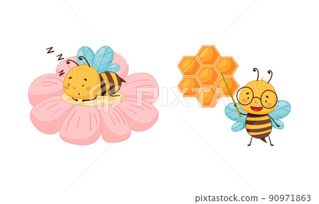 Cute happy funny bees set. Honey bee teaching... - Stock Illustration ...