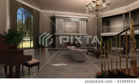 Great hall big foyer with fireplace and piano... - Stock Illustration ...