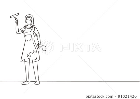 Continuous one line drawing smiling cleaning... - Stock Illustration ...
