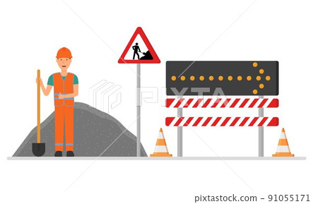 A road worker repairs the road. Fences of the... - Stock Illustration ...
