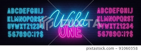 Wild One neon lettering on brick wall background. - Stock Illustration ...