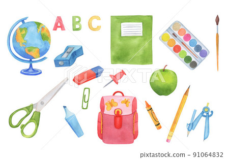 Watercolor set with school and office supplies... - Stock Illustration ...