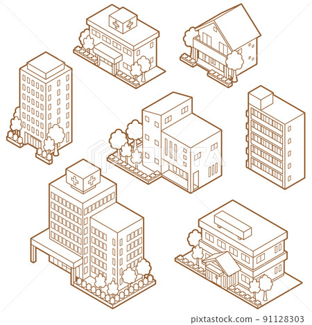 Illustrations of 3D figures of various buildings. - Stock Illustration ...