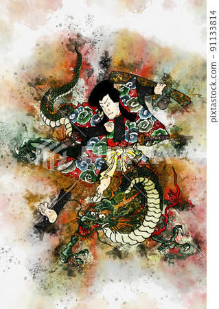 Kabuki actor on a dragon watercolor version - Stock Illustration ...