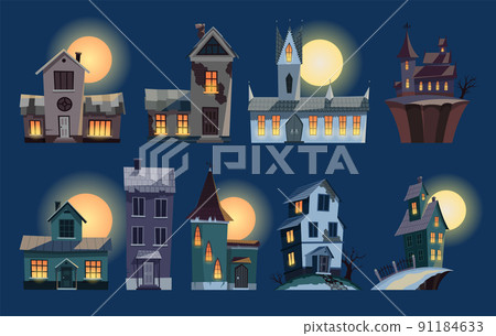 Spooky houses set. Dark scary house in night.... - Stock Illustration ...