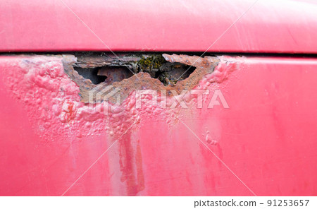 Rusty wing. Corrosion of the body of a red old... - Stock Photo ...