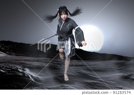 A beautiful girl samurai with a twin tail... - Stock Illustration ...