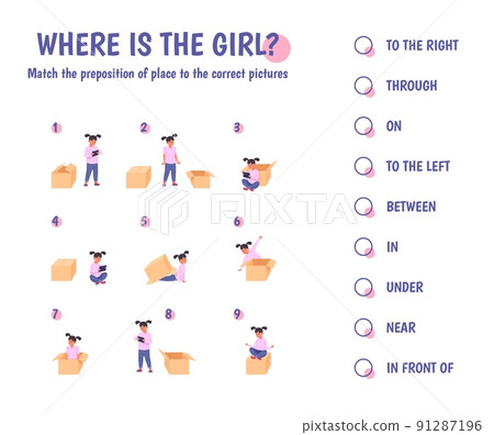 Girl teaches prepositions. Child place on... - Stock Illustration ...