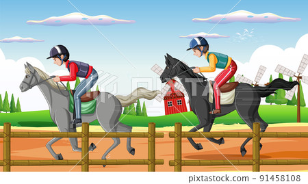 Horse riding scene with jockey and horse - Stock Illustration [91458108 ...