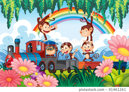 Happy monkeys riding on the train - Stock Illustration [91461261] - PIXTA
