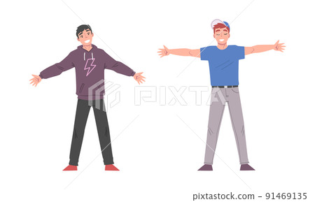 Cheerful Young Man Standing with Wide Open Arms... - Stock Illustration ...