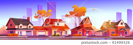 Street in suburb district with houses in fall - Stock Illustration ...
