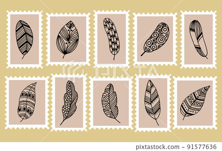 Set of postage stamps with doodle leaves.... - Stock Illustration ...