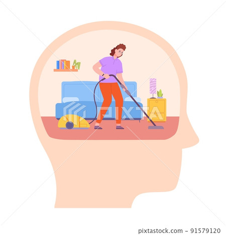 Mind cleaning. Woman cleansing space inside... - Stock Illustration ...