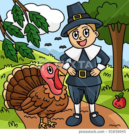 Thanksgiving Pilgrim Boy Colored Cartoon - Stock Illustration [91656045 ...