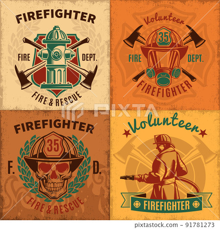 Vintage Firefighting Emblems Set - Stock Illustration [91781273] - PIXTA