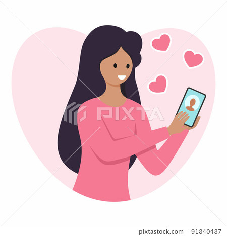 A girl in love sends an SMS via her smartphone.... - Stock Illustration ...