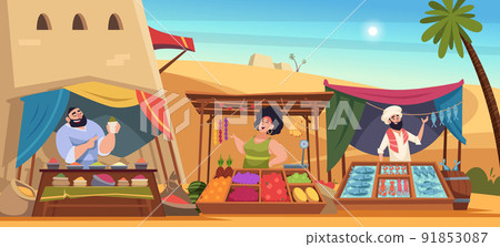 Asian marketplace. East seller with beautiful... - Stock Illustration ...