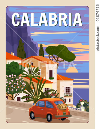 Retro Poster Italy, Calabria resort, Amalfi... - Stock Illustration ...