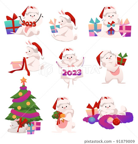 Christmas New Year set with cute white rabbit... - Stock Illustration ...
