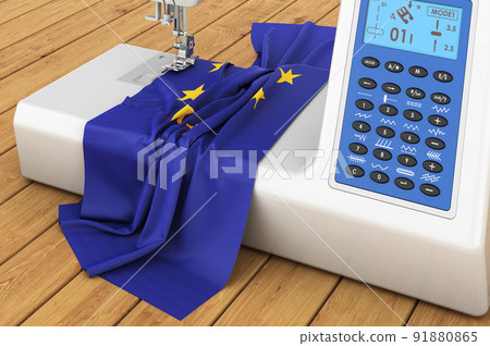 Sewing machine with the EU flag on the wooden... - Stock Illustration ...