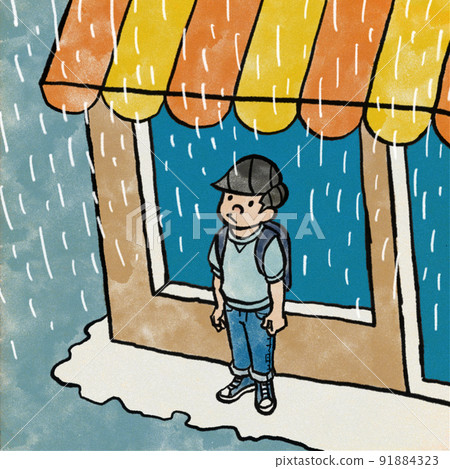 A man taking shelter from the rain at the eaves... - Stock Illustration ...