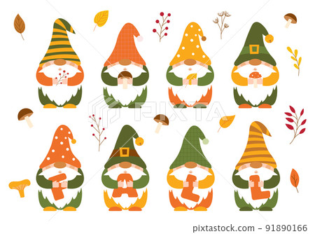 A set of small autumn dwarfs in caps, who hold...-插圖素材 [91890166] - PIXTA圖庫