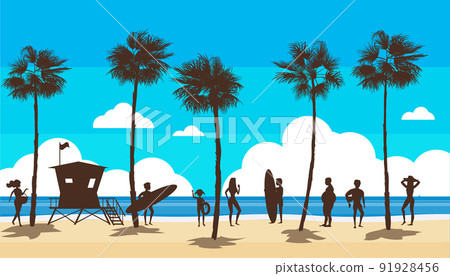 Beach landscape with Lifeguard Station, people... - Stock Illustration ...