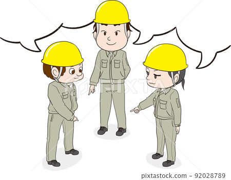 Male and female workers pointing and calling at... - Stock Illustration ...