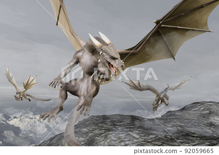 A dragon is flying high in the sky with its... - Stock Illustration ...