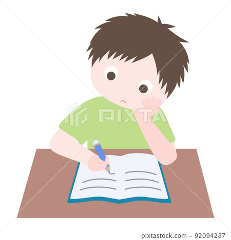Cartoon cute little boy focus on reading book... - Stock Illustration ...