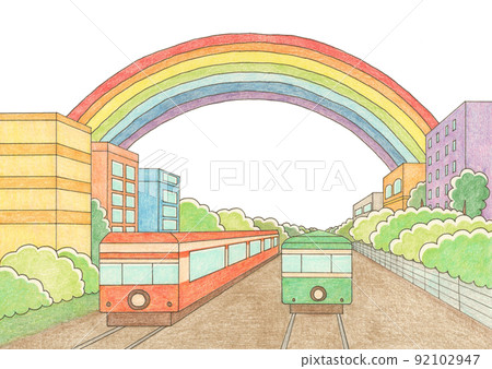 Retro train running under the rainbow Color - Stock Illustration ...