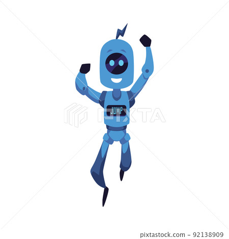 Happy futuristic robot jumping with screen on... - Stock Illustration ...