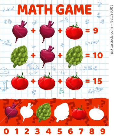 Math game worksheet with ripe beet, tomato and... - Stock Illustration ...