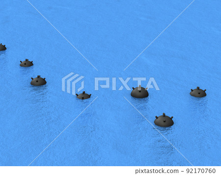 Multiple mines floating on the surface of the... - Stock Illustration ...
