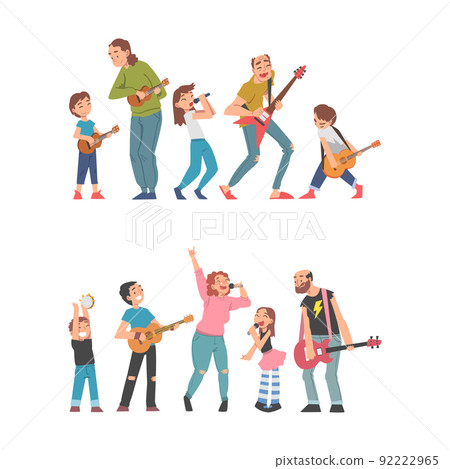 Set of happy families playing music and singing... - Stock Illustration ...