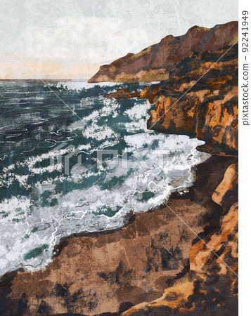 Modern Boho Sea Beach with Waves Art Print.... - Stock Illustration ...