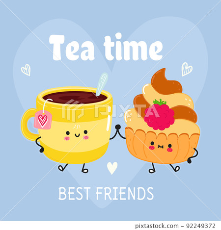 Cute happy cup of tea and cake card. Vector... - Stock Illustration ...