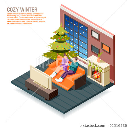 Cozy Winter Isometric Composition-插圖素材 [92316386] - PIXTA圖庫