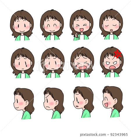 Young lady's facial expression set - Stock Illustration [92343965] - PIXTA