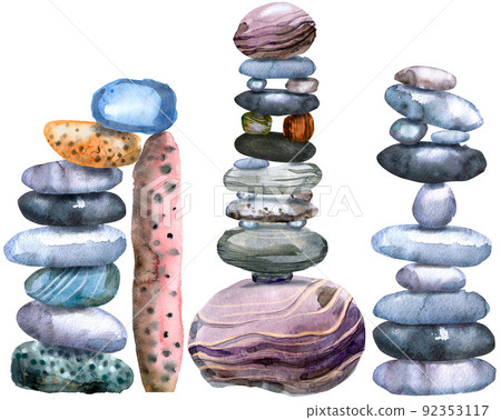 Watercolour painting of a stacks of flat pebbles - Stock Illustration ...