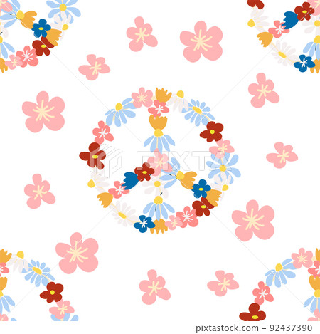 Peace symbol floral retro 70s seamless pattern.... - Stock Illustration ...
