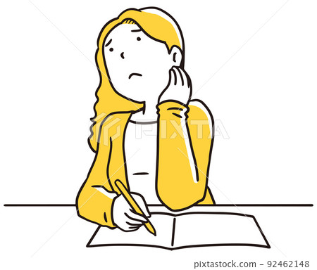 A woman worried while writing in a notebook - Stock Illustration ...