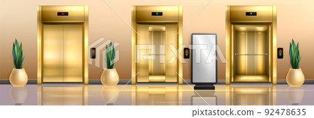 Golden elevators in hallway with button panel,... - Stock Illustration ...