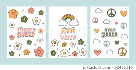 Flower power groovy 1970 set. Three postcards... - Stock Illustration ...