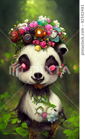 A fantasy panda with flowers and a beautiful... - Stock Illustration ...