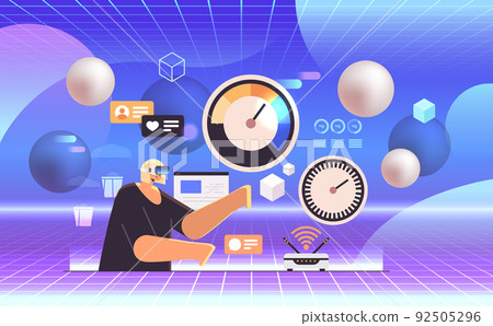 businesswoman in virtual reality glasses with... - Stock Illustration ...