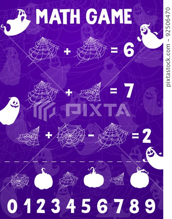 Halloween math game worksheet. Cartoon... - Stock Illustration ...